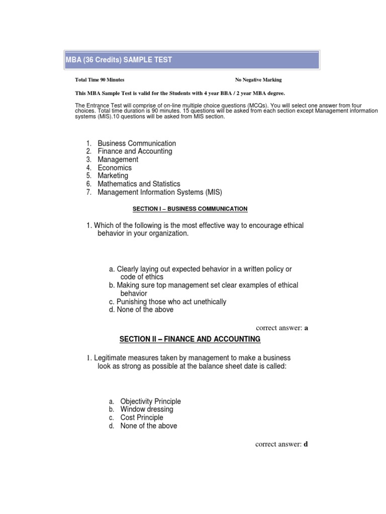 MBA Sample Test Guide | PDF | Multiple Choice | Economies