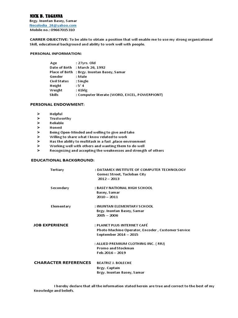 Personal Resume of Nick B. Taganna Seeking Employment | PDF