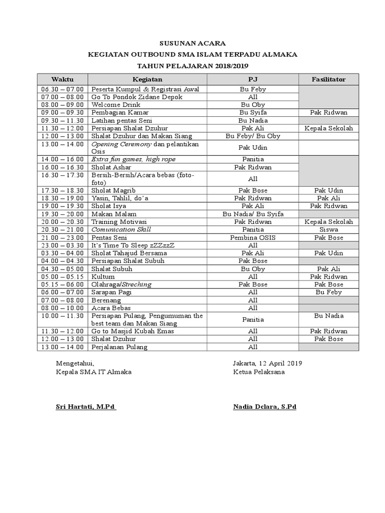 Rundown Kegiatan Outbound SMA Almaka | PDF