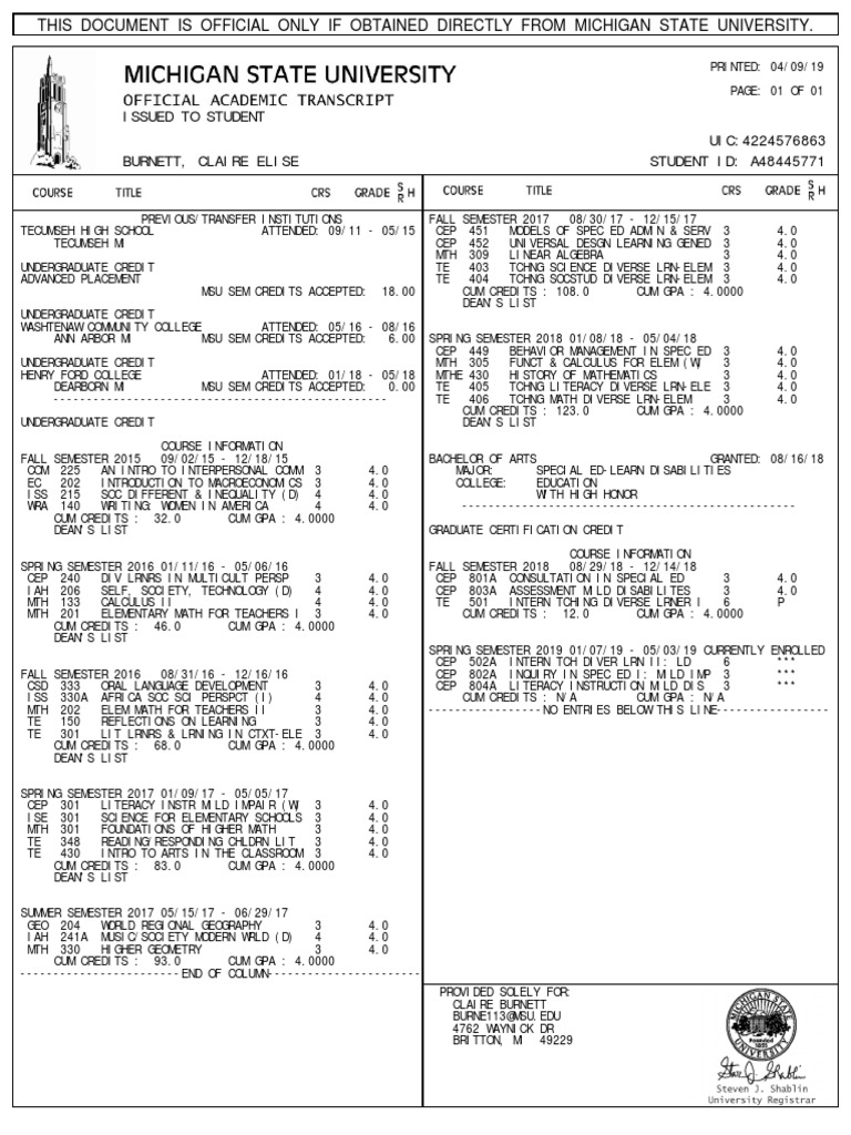 Officialtranscript | PDF | Educational Assessment And Evaluation | Academia