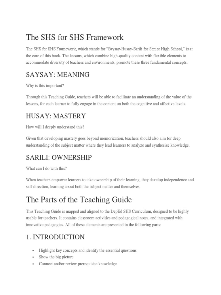The SHS For SHS Framework | PDF | Teachers | Pedagogy