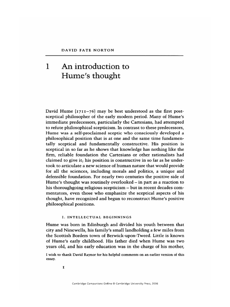 Cambridge Companion To Hume - An Introduction To Hume's Thought PDF | PDF