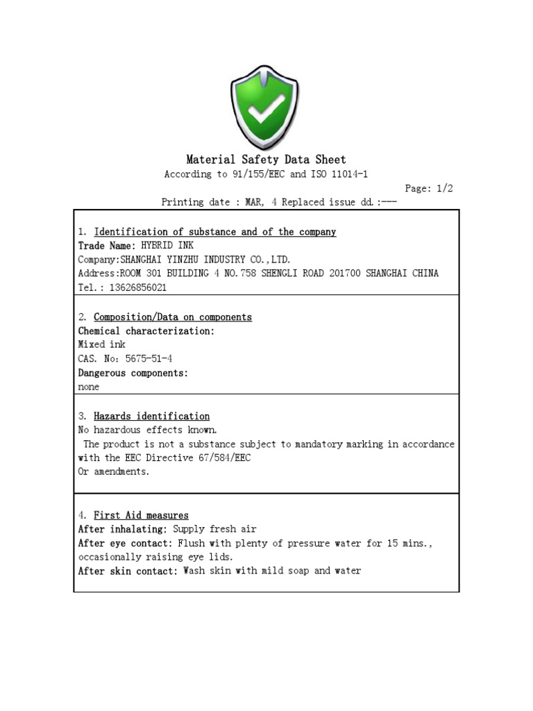 MSDS-Hybrid Ink PDF | Download Free PDF | Pollution | Materials