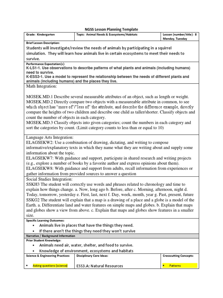 NGSS Lesson Planning Template: Asking Questions (Science) Patterns ...