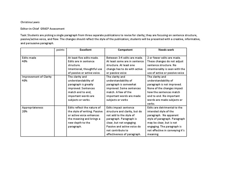 Rubric For Grasp | PDF | Paragraph | Sentence (Linguistics)