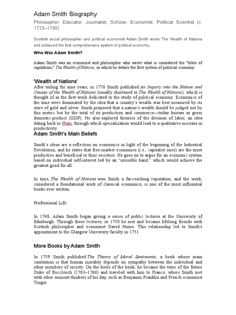 Adam Smith Biography: 'Wealth of Nations' | PDF | Adam Smith | The ...