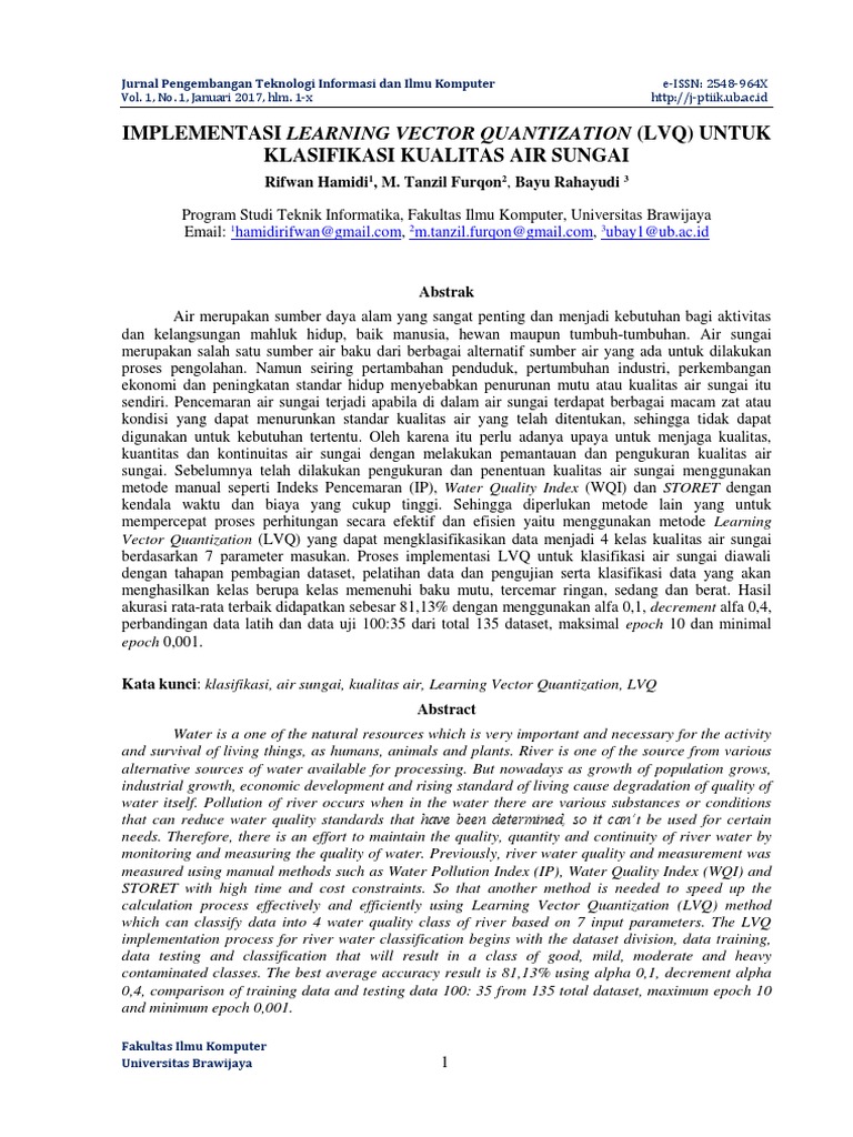Implementasi Learning Vector Quantization (LVQ) Untuk Klasifikasi Kualitas Air Sungai | PDF