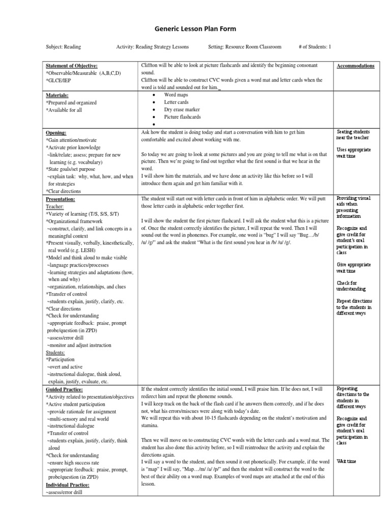 Generic Lesson Plan Form | PDF | Flashcard | Teachers