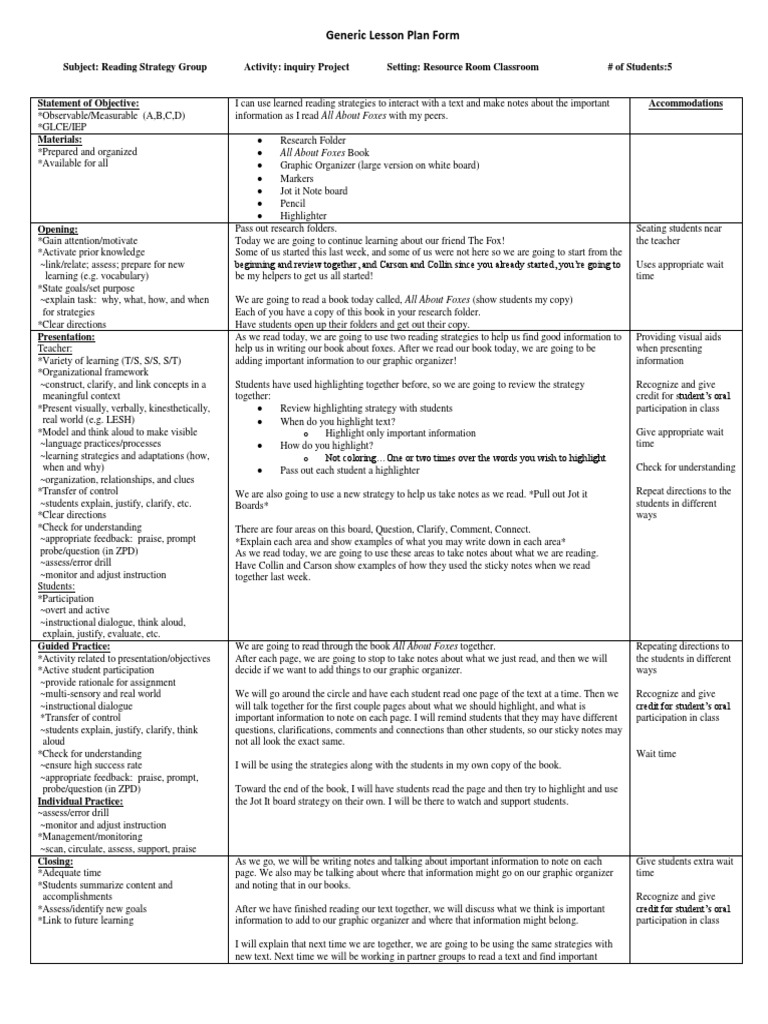 Generic Lesson Plan Form: All About Foxes Book | PDF | Lesson Plan ...