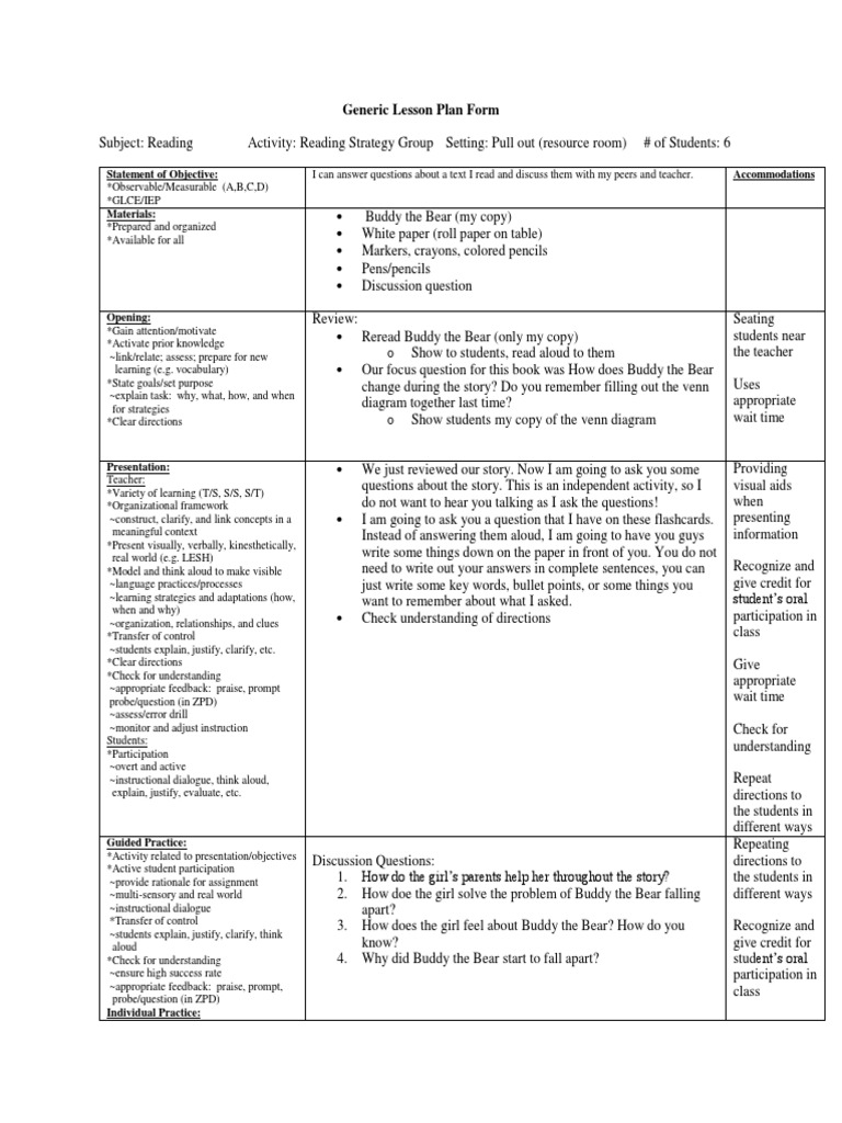 Generic Lesson Plan Form: Statement of Objective: Accommodations | PDF ...