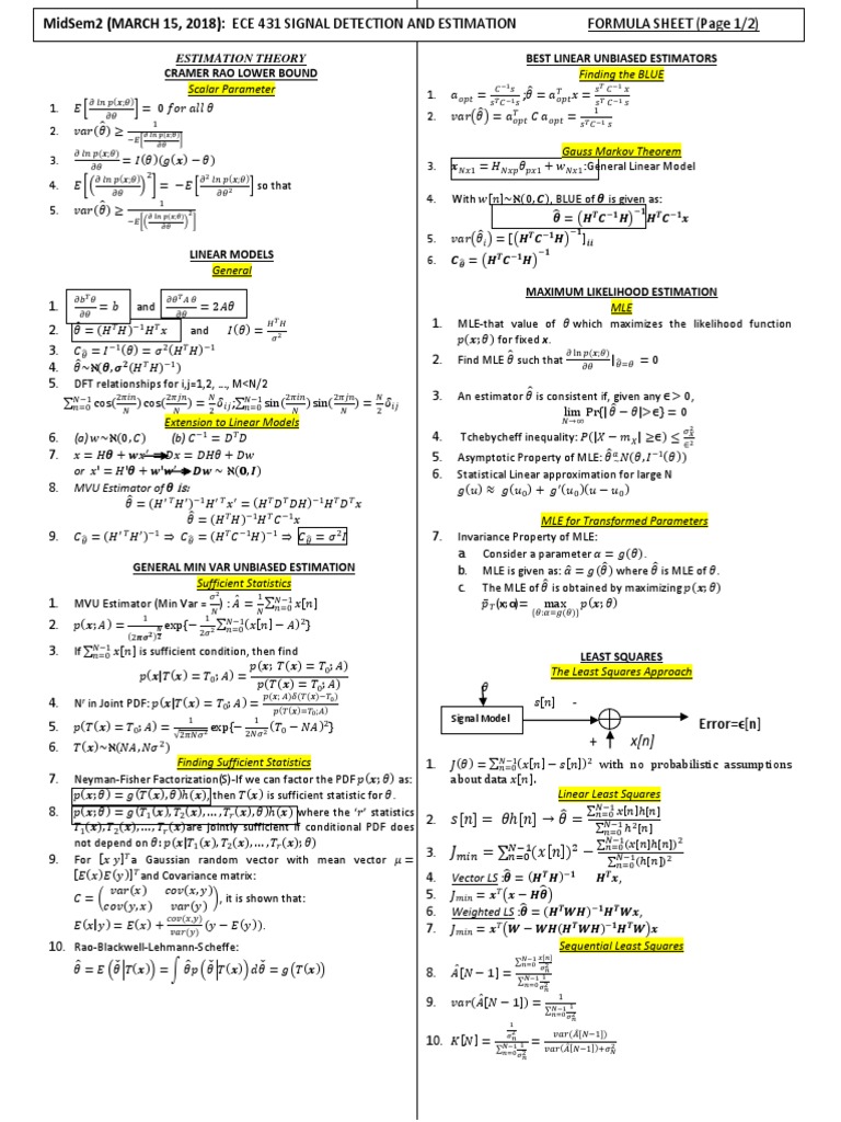SDET Formulae MidSem2 2018 Ver3 | PDF | Estimation Theory | Estimator