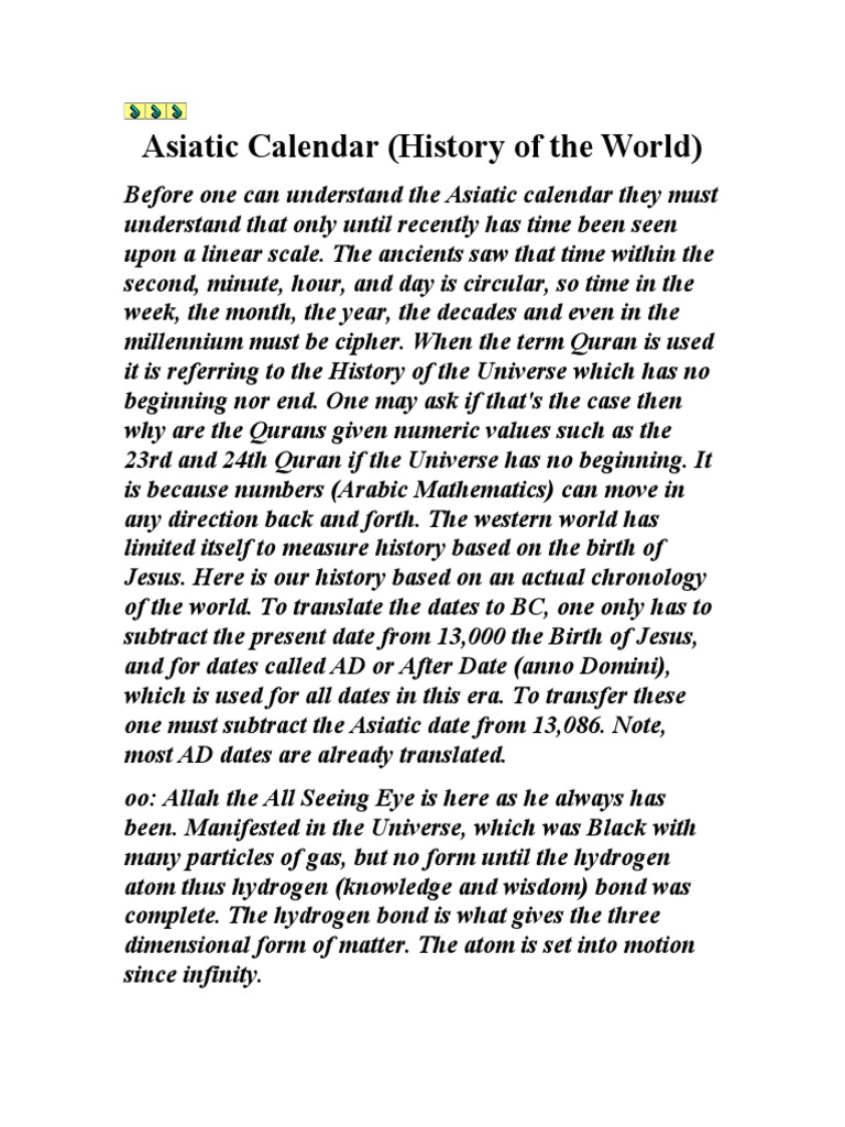Asiatic Calendar Explained History of the World Before Jesus | PDF ...