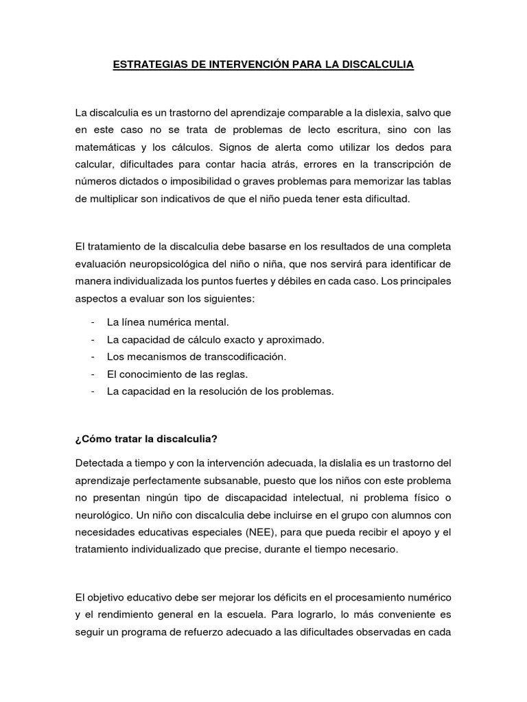 Estrategias de Intervención para La Discalculia | PDF | Psicología ...