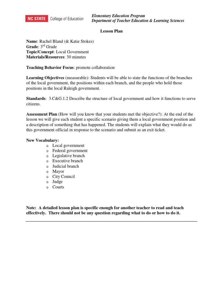 3rd Grade Local Government Lesson Plan | PDF | Federal Government Of ...