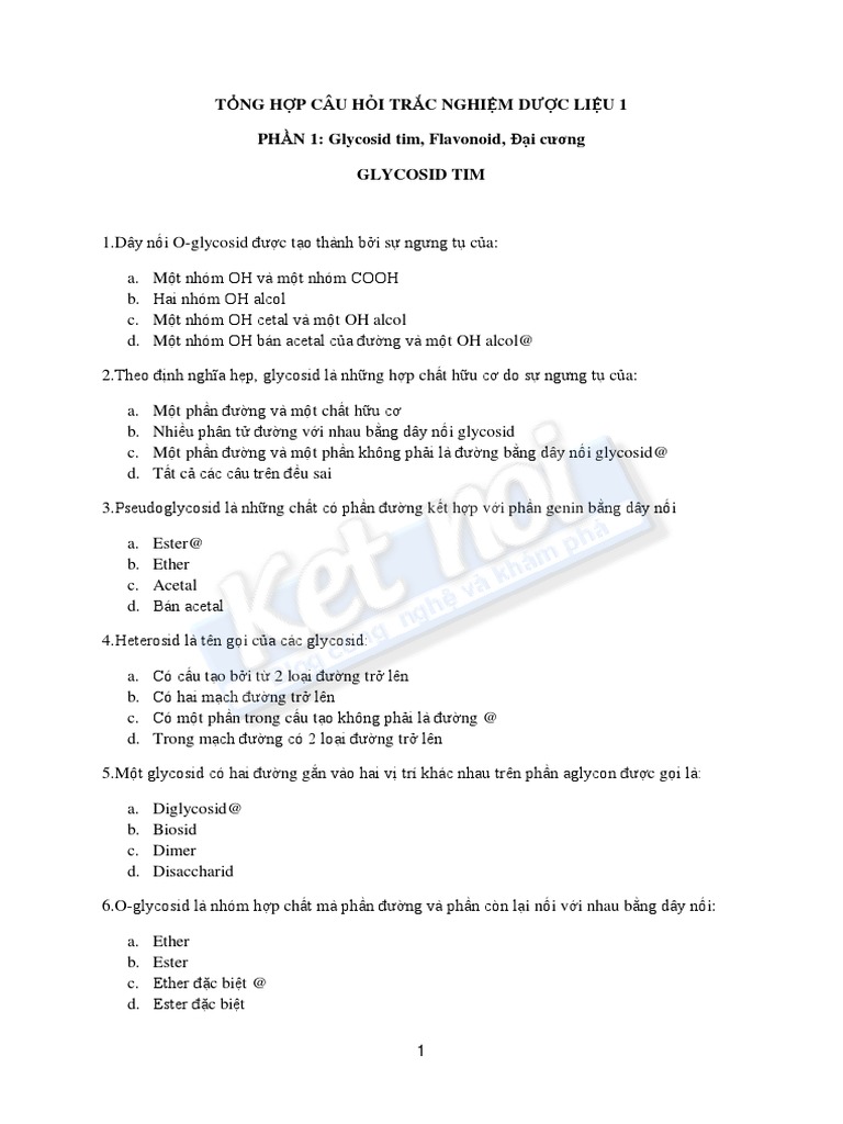 Duoc Lieu 1 Tong Hop Trac Nghiem Co Dap An Phan 1 | PDF