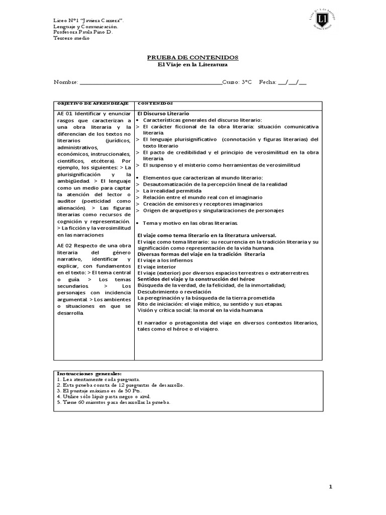 Prueba de Comprensión Lectora El Viaje | PDF