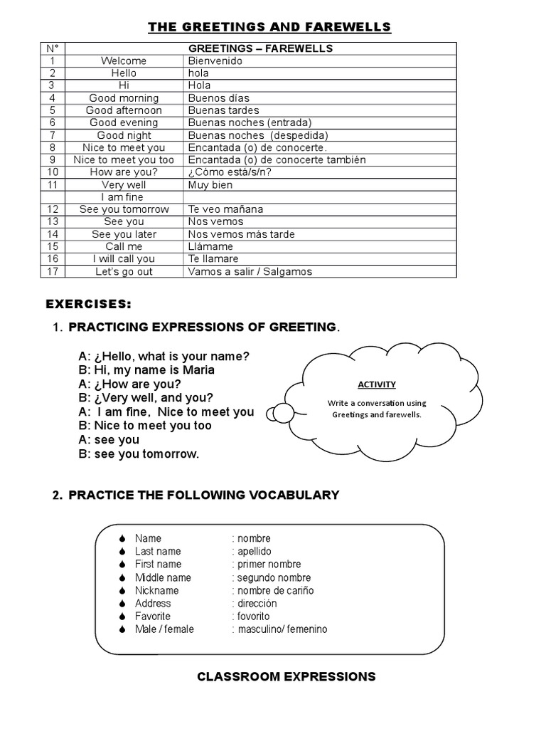 Greetings - Farewells: 2. Practice The Following Vocabulary | PDF ...