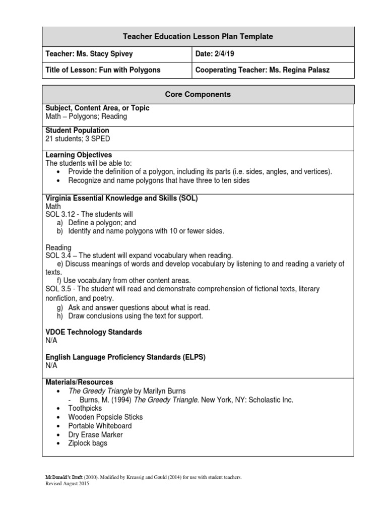 Ued 495-496 Spivey Stacy Artifact Lesson Plan | PDF | Teachers ...