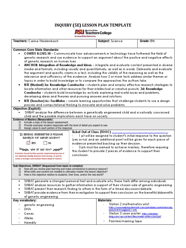 Inquiry (5E) Lesson Plan Template: Evidence of Mastery (Measurable ...