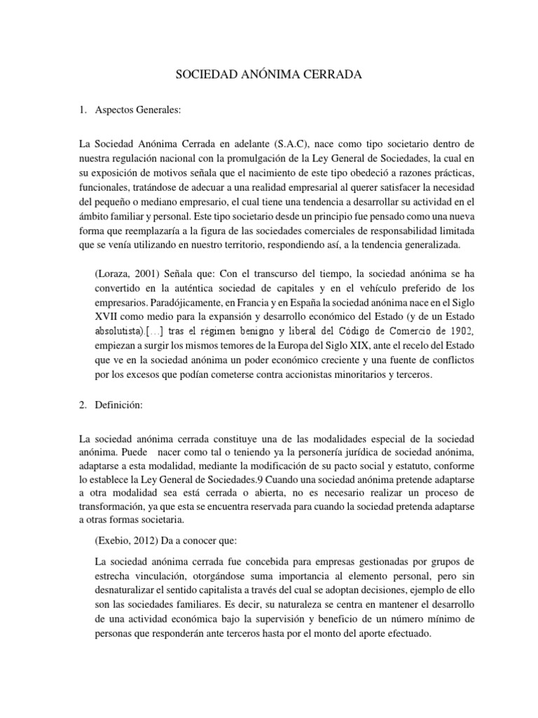 Sociedad Anónima Cerrada | PDF | Compartir (Finanzas) | Sociedad de ...