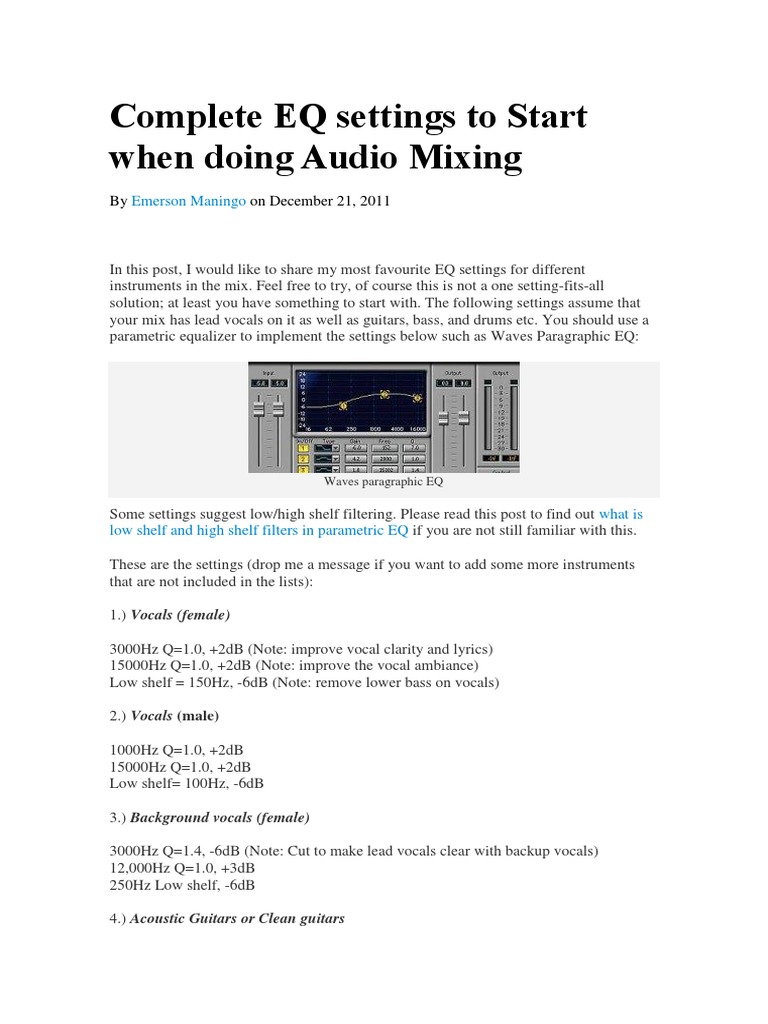 Complete EQ Settings To Start When Doing Audio Mixing | PDF ...
