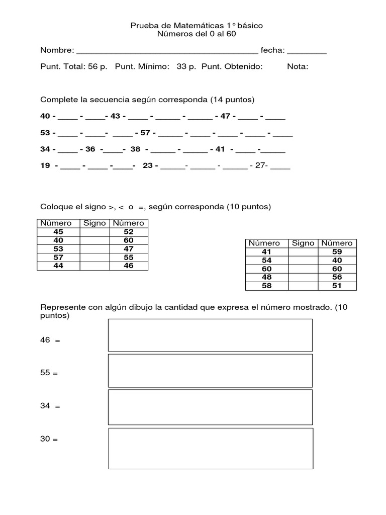 Prueba de Matemáticas Numeros 0 Al 60 | PDF
