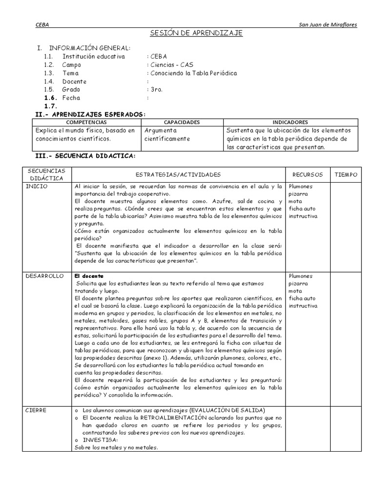 Sesión de Aprendizaje y La Tabla Periodica | PDF | Tabla periódica ...