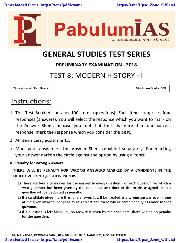 General Studies Test Series: Test 8: Modern History - I Instructions ...