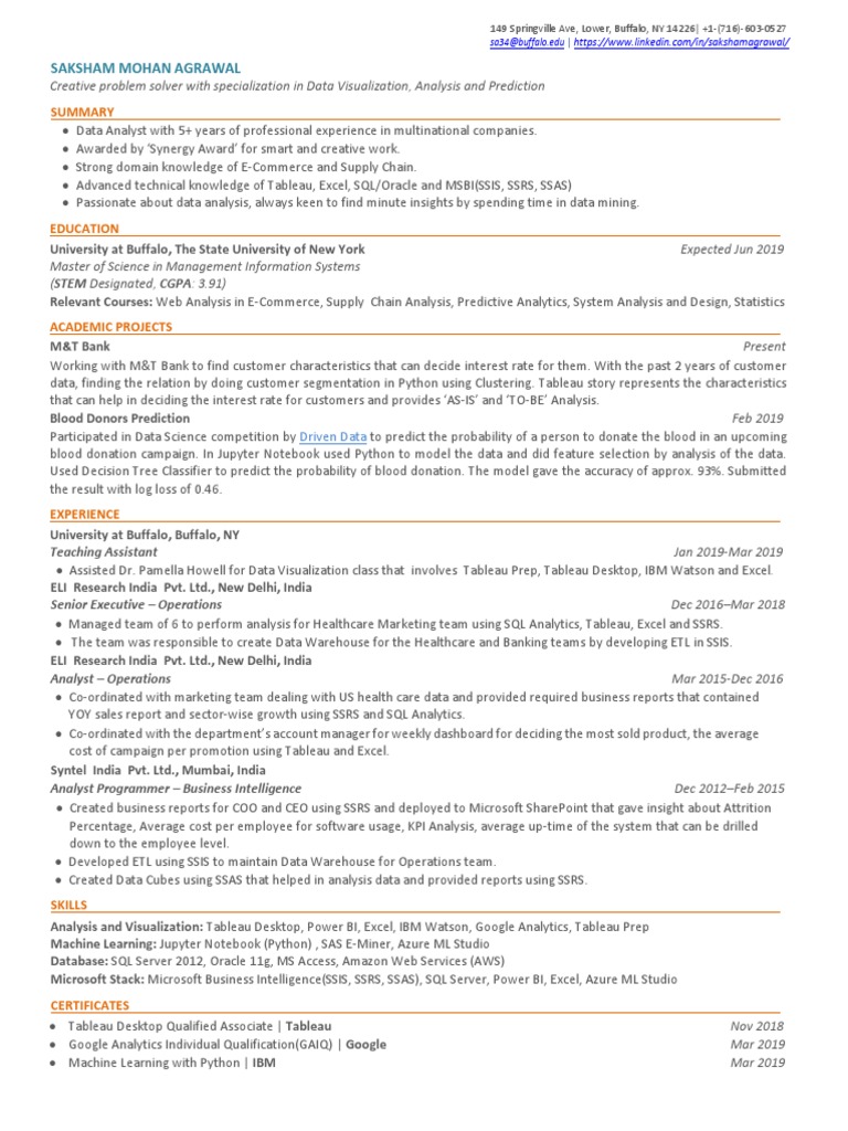 Resume Saksham Agrawal | PDF | Data Analysis | Business Intelligence