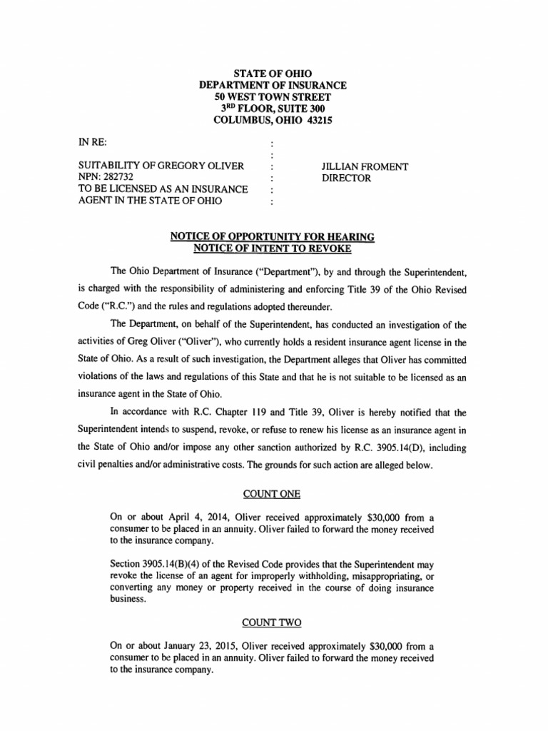 Oliver, Gregory - NOH - Notice of Intent To Revoke | PDF