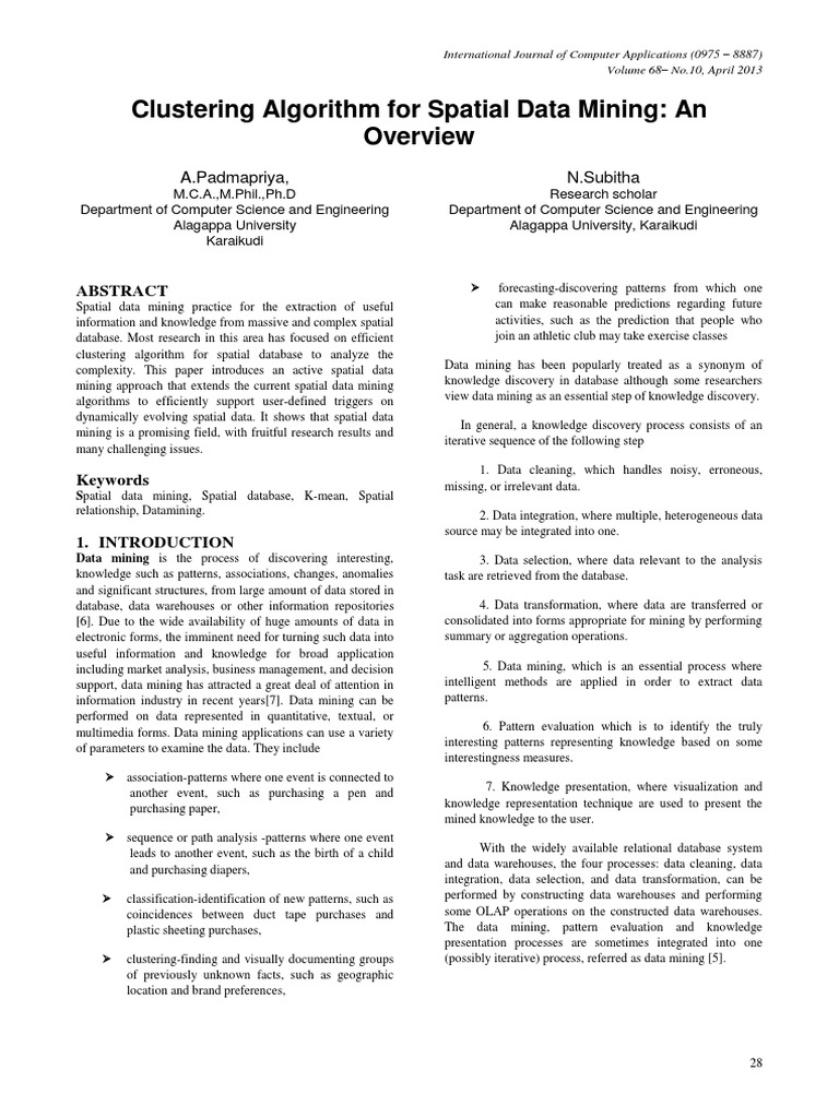 Clustering Algorithm For Spatial Data Mining An Apadmapriya Nsubitha Pdf Cluster