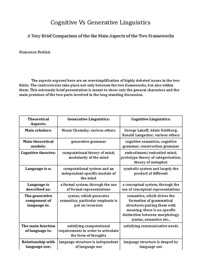 Cognitive Vs Generative Linguistics A V Pdf Pdf Linguistics