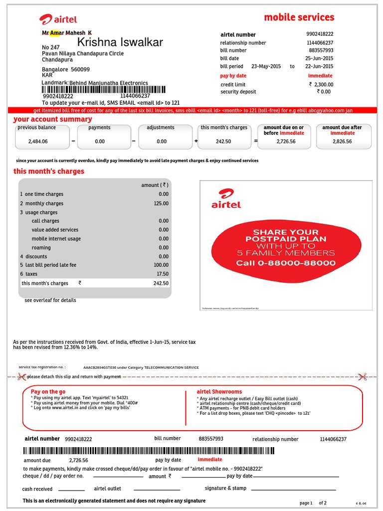 MobileBill Airtel Format | PDF | Invoice | Cheque