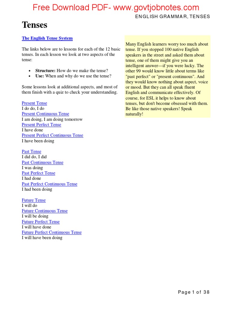 English Grammar Tenses PDF Free Download PDF | PDF | Perfect (Grammar ...