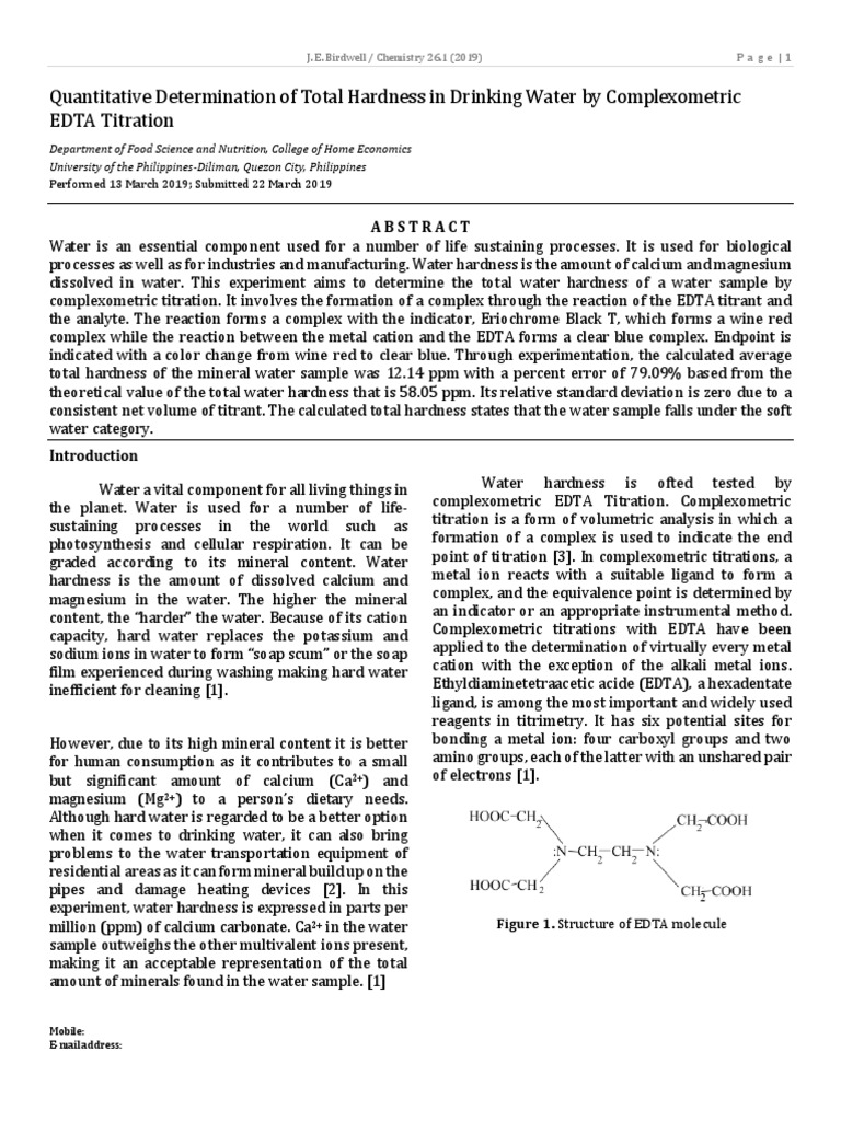 Chem 26.1 Quantitative Determination of Total Hardness in Drinking Water by Complexometric EDTA ...