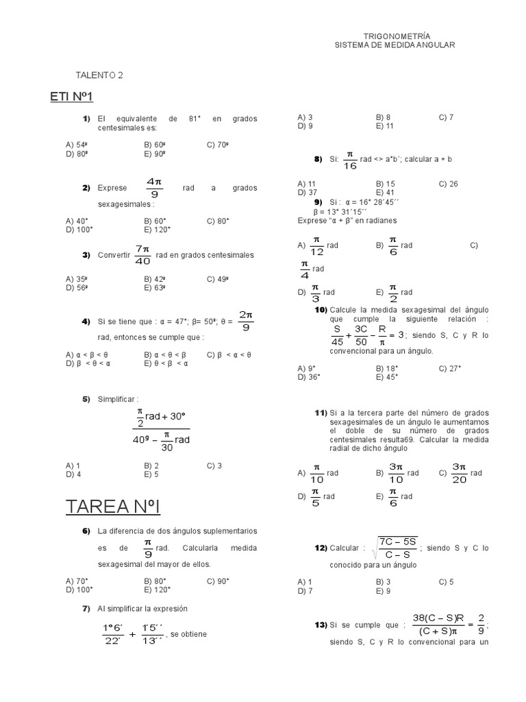 Ejercicios de Trigonometría y Medidas Angulares | PDF | Pi | Matemática ...