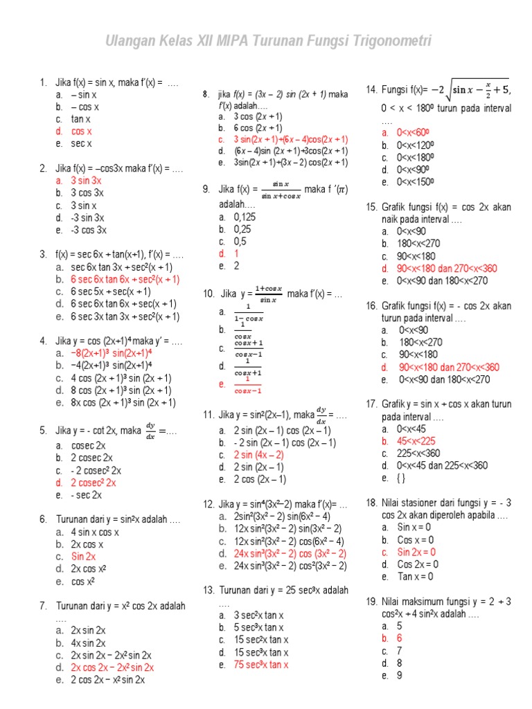 Latihan Ulangan Turunan Trigonometri | PDF