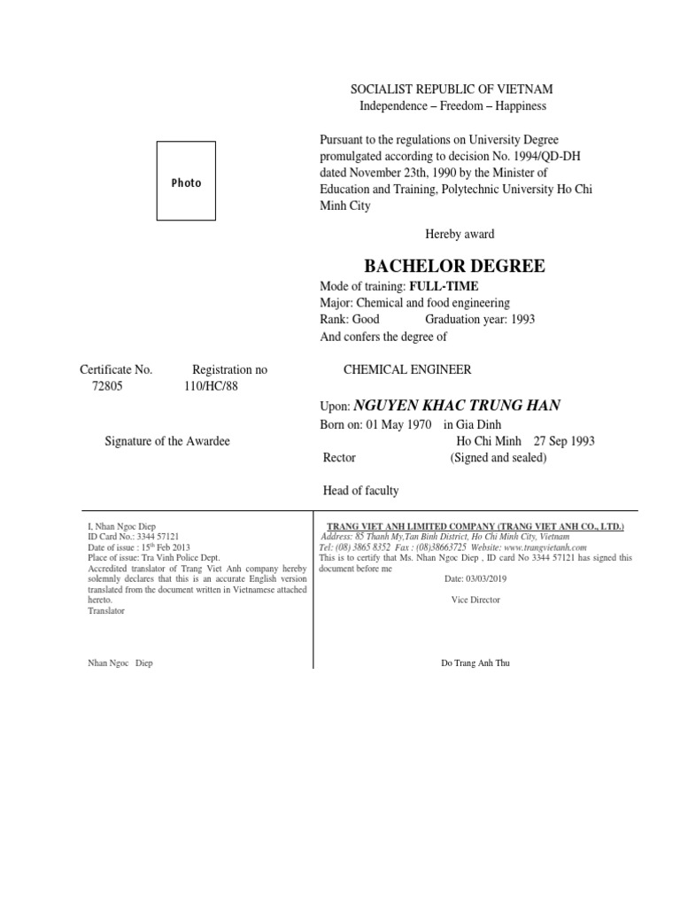 Bachelor Degree: Nguyen Khac Trung Han | PDF | Ho Chi Minh City ...
