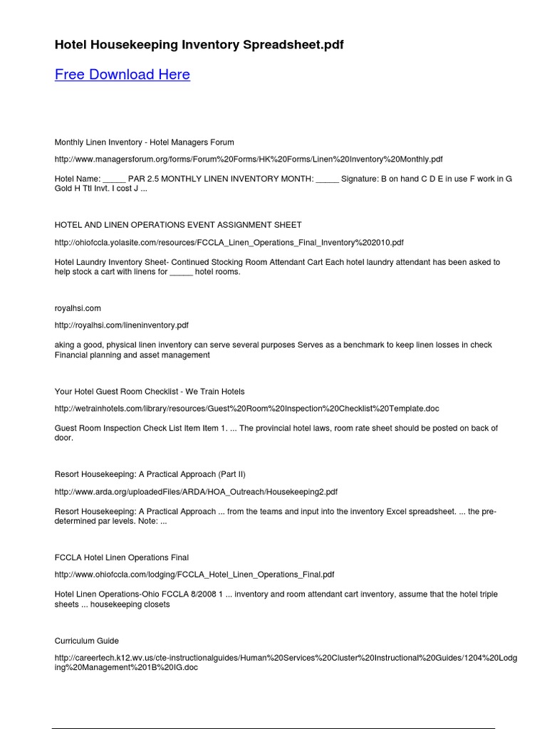 Hotel Housekeeping Inventory Spreadsheet | Download Free PDF ...
