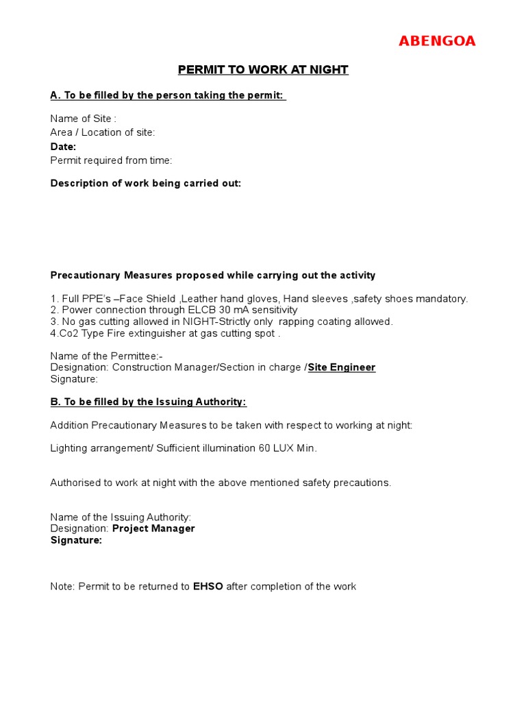 Permit To Work at Night | PDF