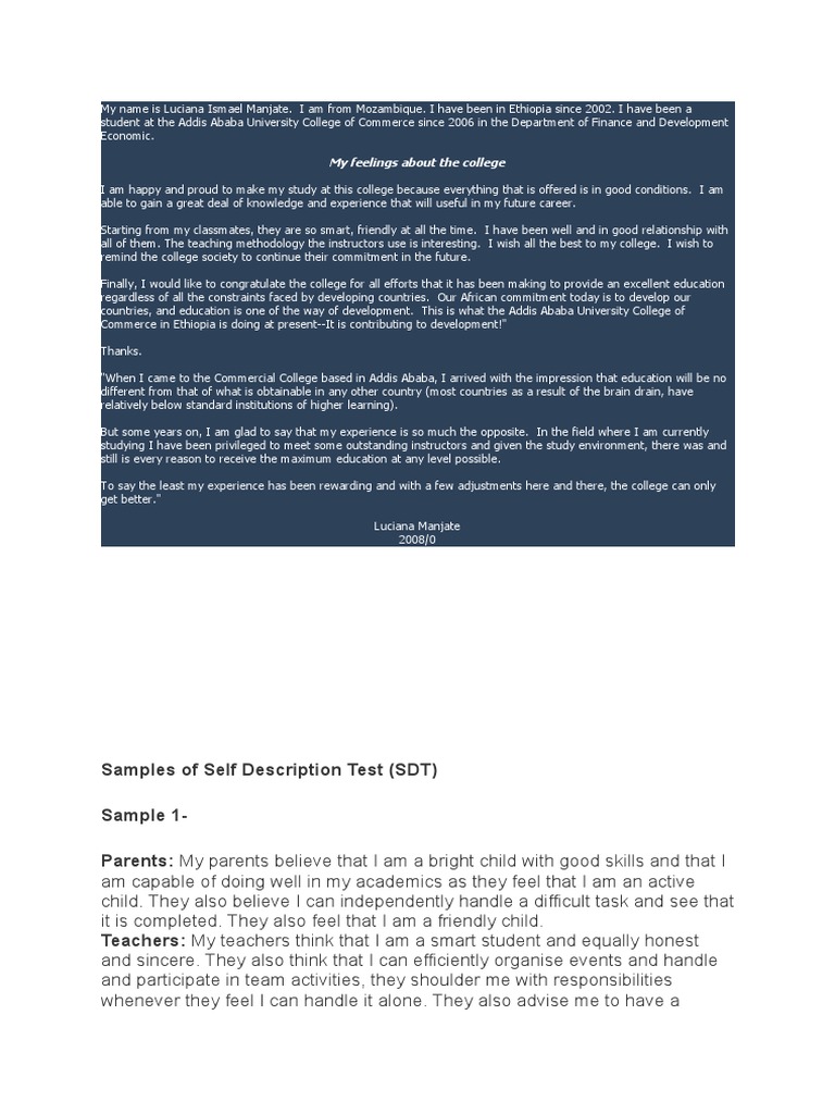 Samples of Self Description Test (SDT) Sample 1-Parents: My Parents ...