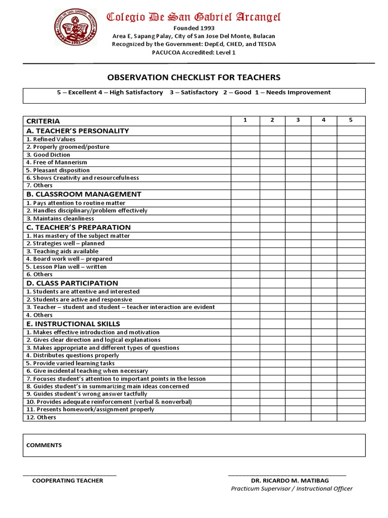 Teacher Observation Checklist Template | PDF
