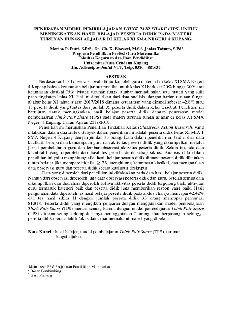 Penerapan Model Pembelajaran Think Pair Share (TPS) Pada Materi Turunan ...