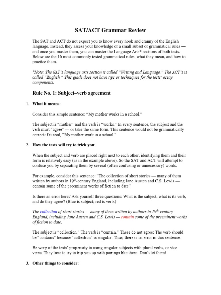 SAT and ACT Grammar Review | PDF | Grammatical Number | Adverb