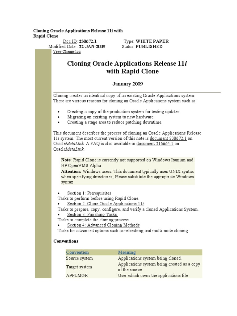 Cloning Oracle Applications Release 11i With Rapid Clone 230672 1 Pdf Oracle Database