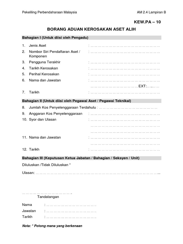 KEW - Pa 10 AduanKerosakkanAsetAlih | PDF