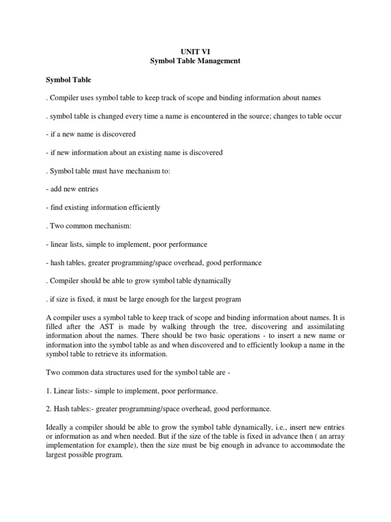 Unit Vi Symbol Table Management Symbol Table | PDF | Scope (Computer Science) | Subroutine