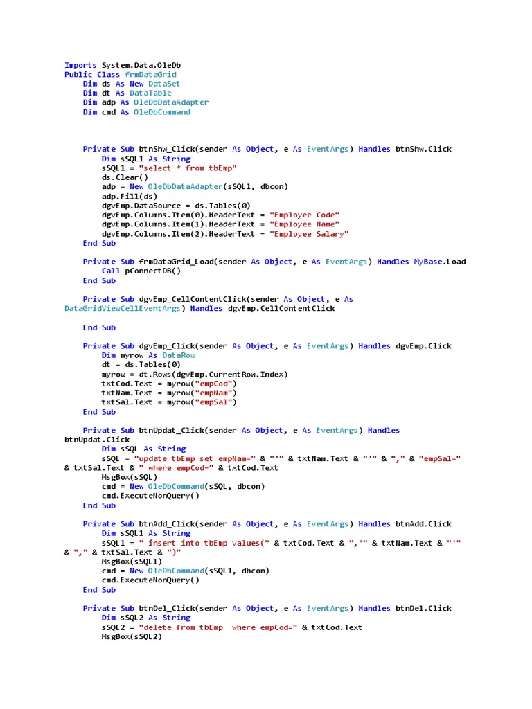 Frmdatagrid Dataset Datatable Oledbdataadapter Oledbcommand: "Select From Tbemp" | PDF ...