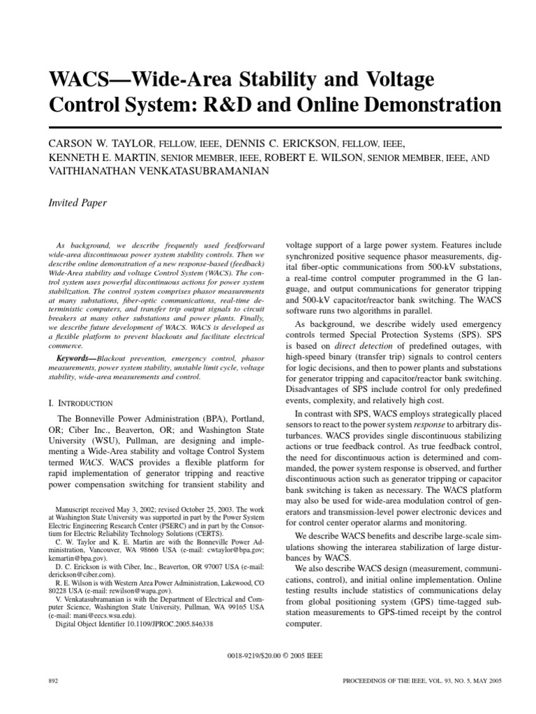 2005 - WACS-Wide-Area Stability and Voltage | PDF | Electric Power ...