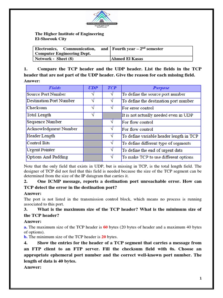 Sheet 8 - Answer | PDF | Transmission Control Protocol | Port (Computer Networking)